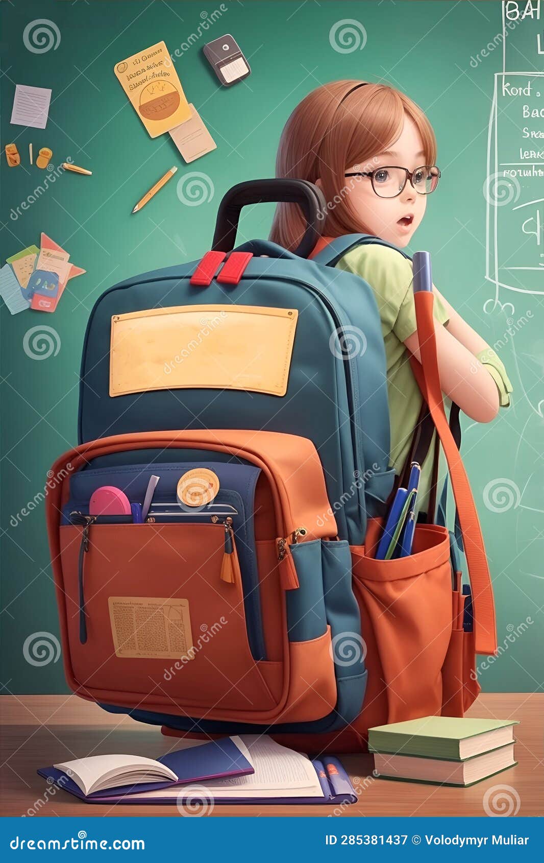 A Little Girl, a Primary School Student with a Big Backpack. the ...