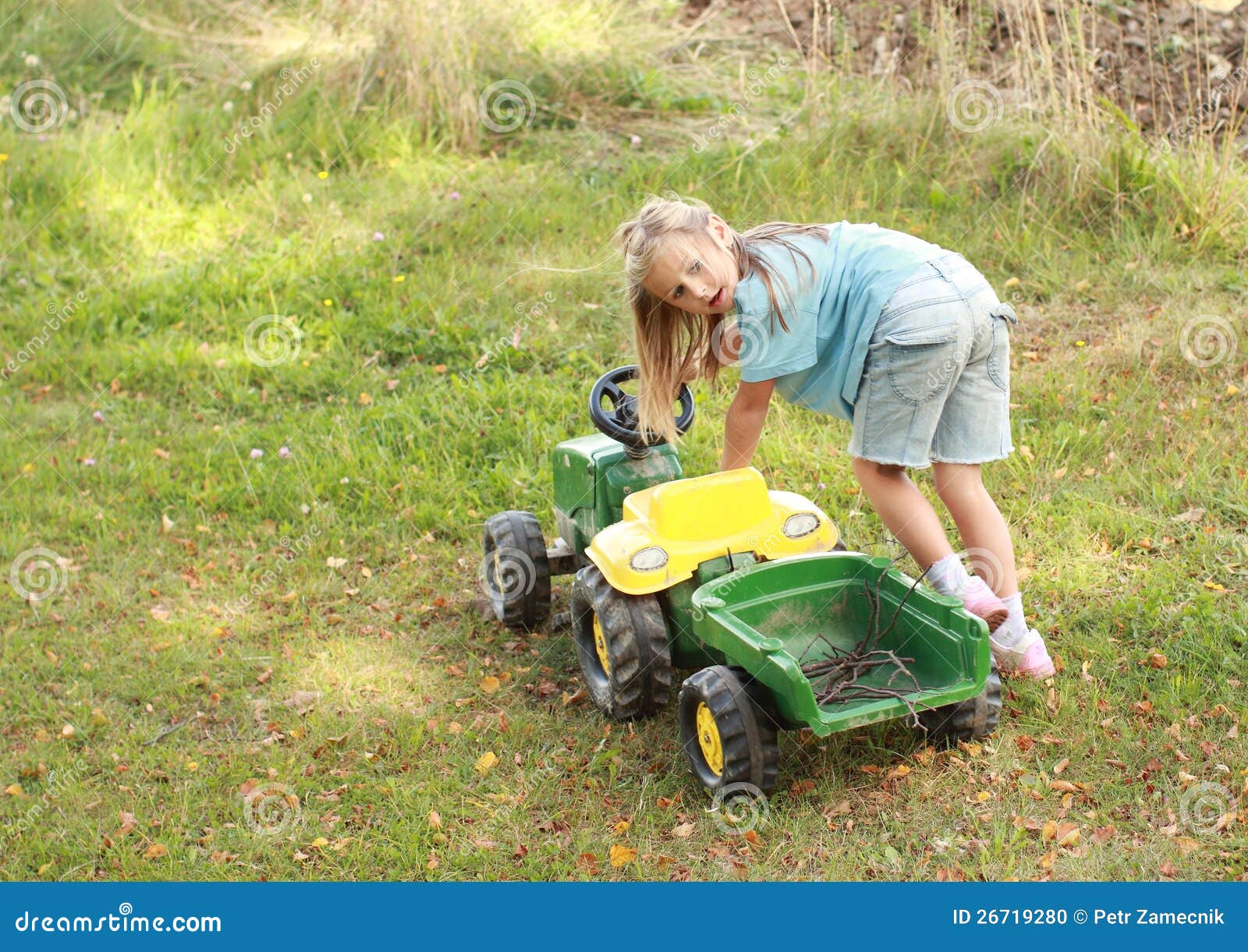 Toy For Children. Toy Tractor On Green Background . Green Tractor ...