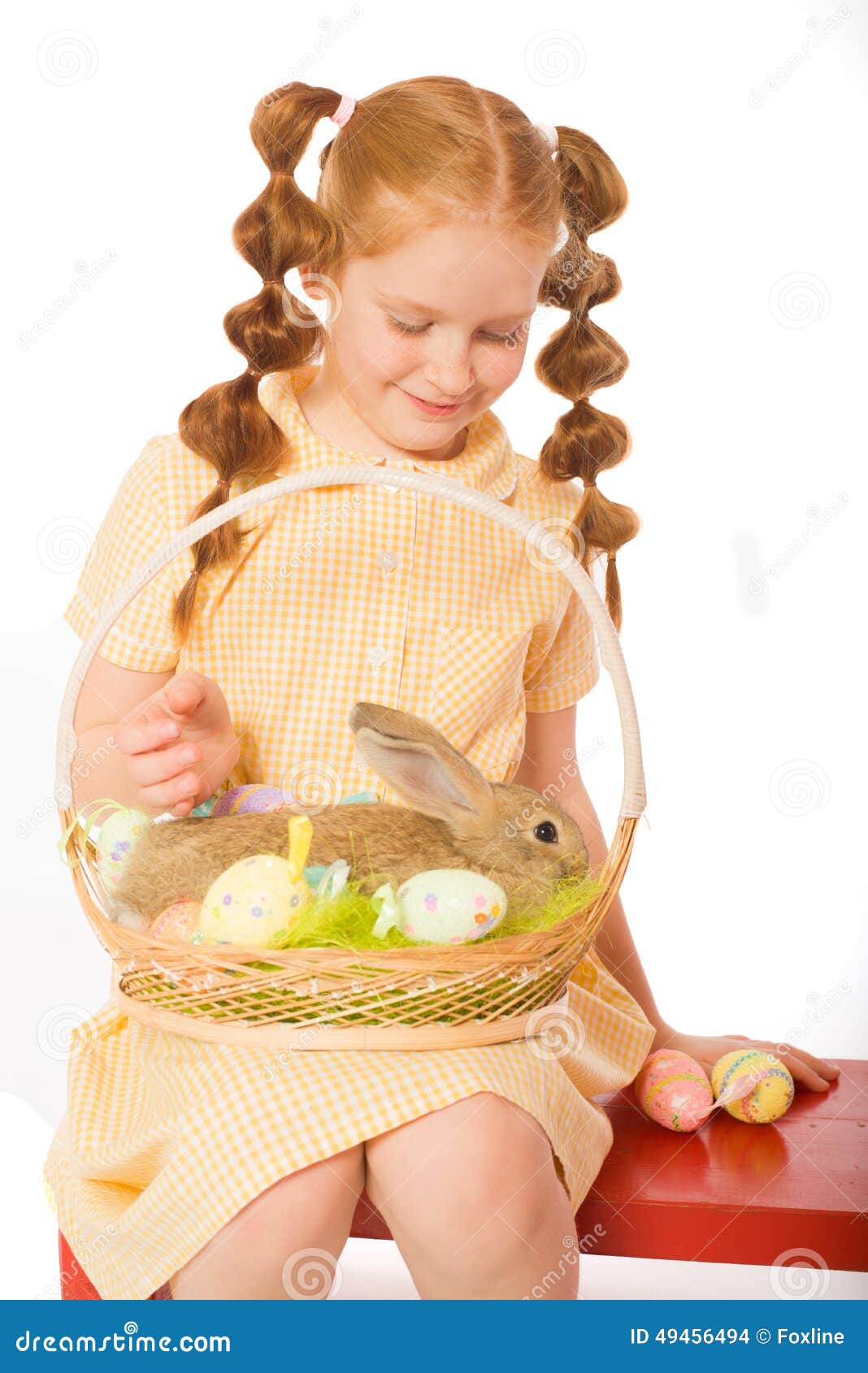 Little Girl with a Rabbit in Basket Easter Eggs Stock Photo - Image of ...