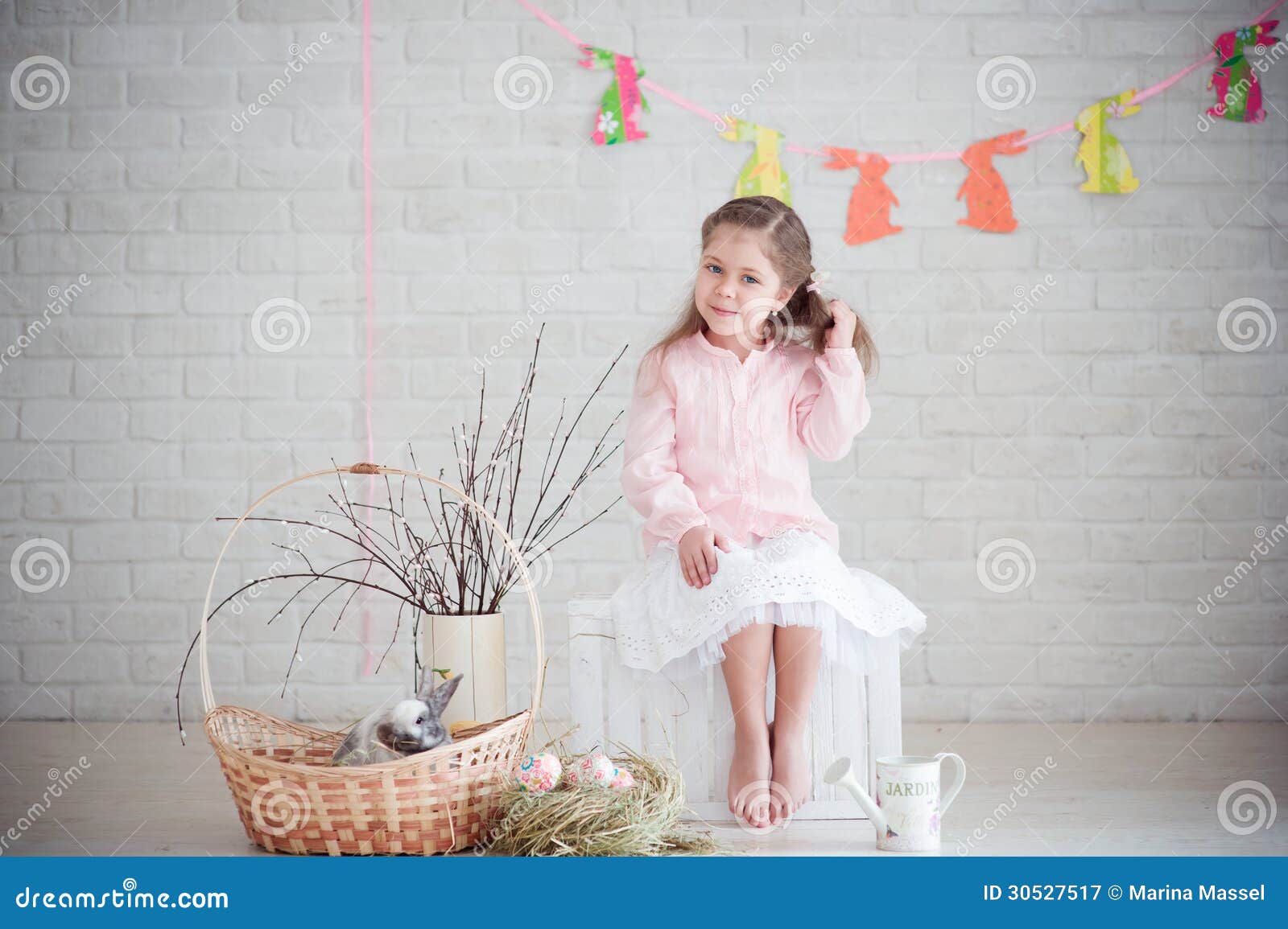 Little Girl with Rabbit and Easter Decorations Stock Image - Image of ...
