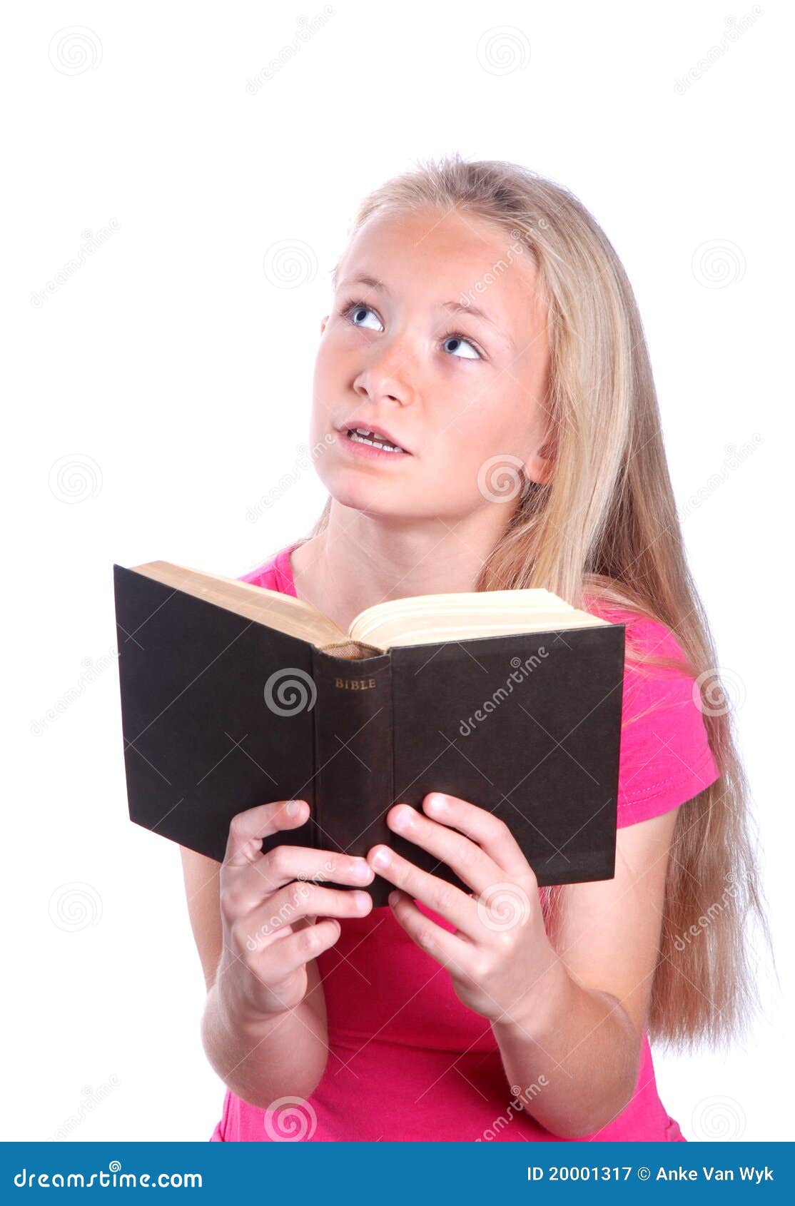 Little Girl Reading Bible on White Stock Image - Image of girl, black ...