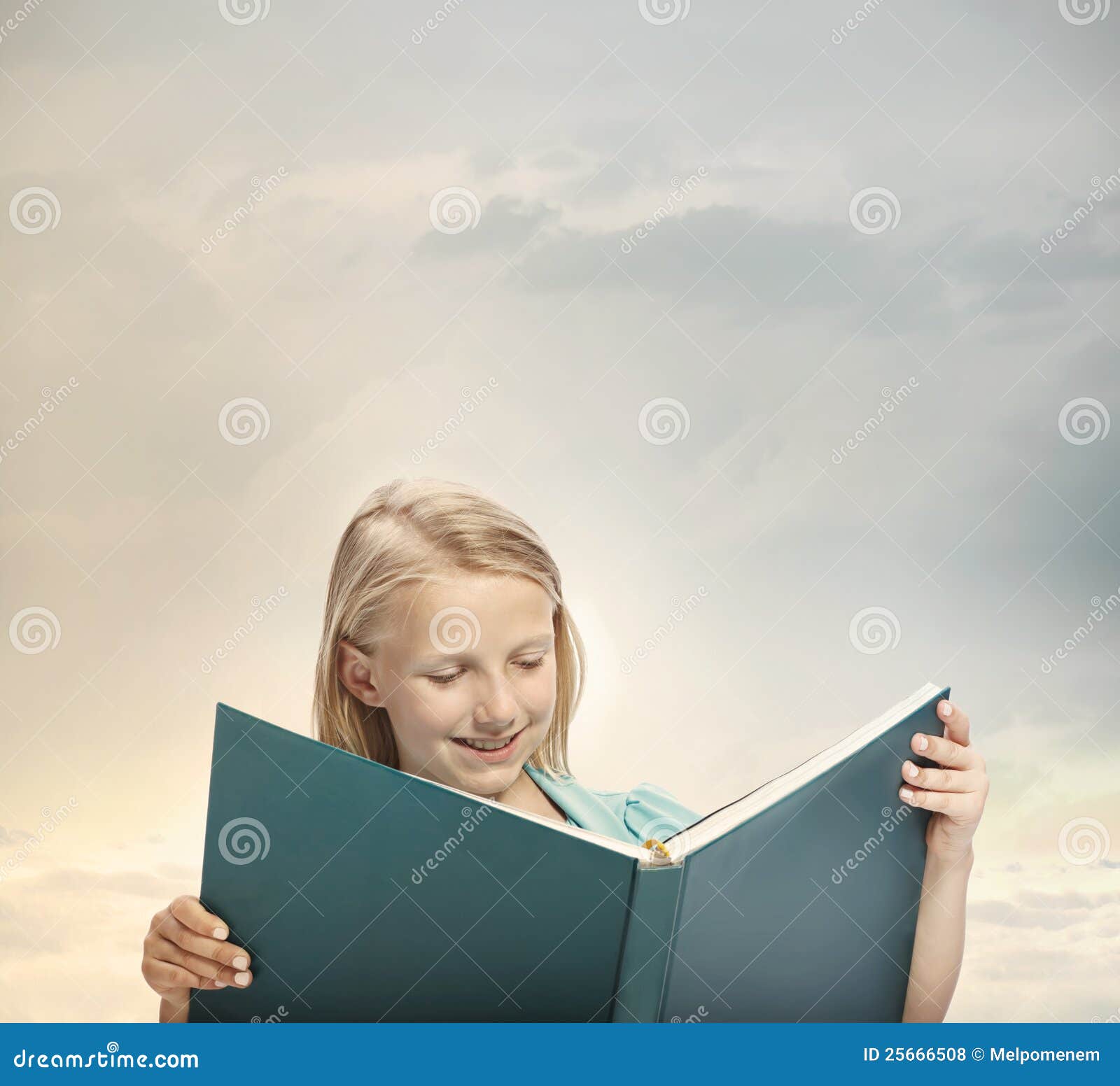 Little Girl Reading a Big Book Stock Photo - Image of clouds, happy ...