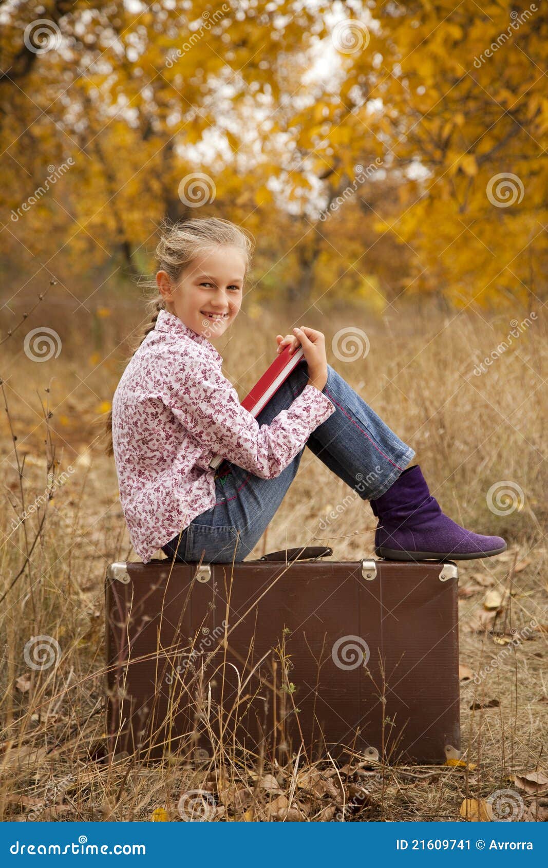 Little Girl is Reading a Book in Autumn Stock Image - Image of forest ...