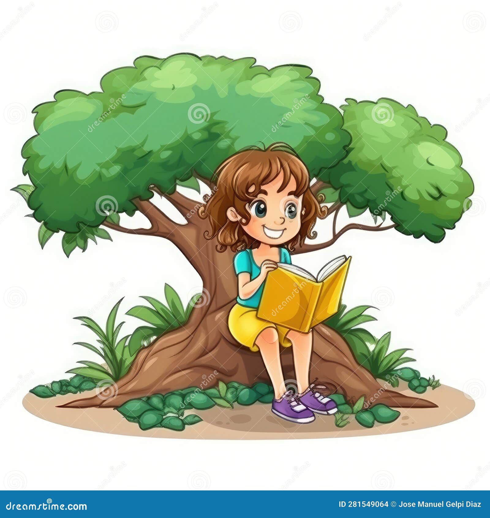 Little Girl Reading a Book Under the Tree. Generative AI Stock ...