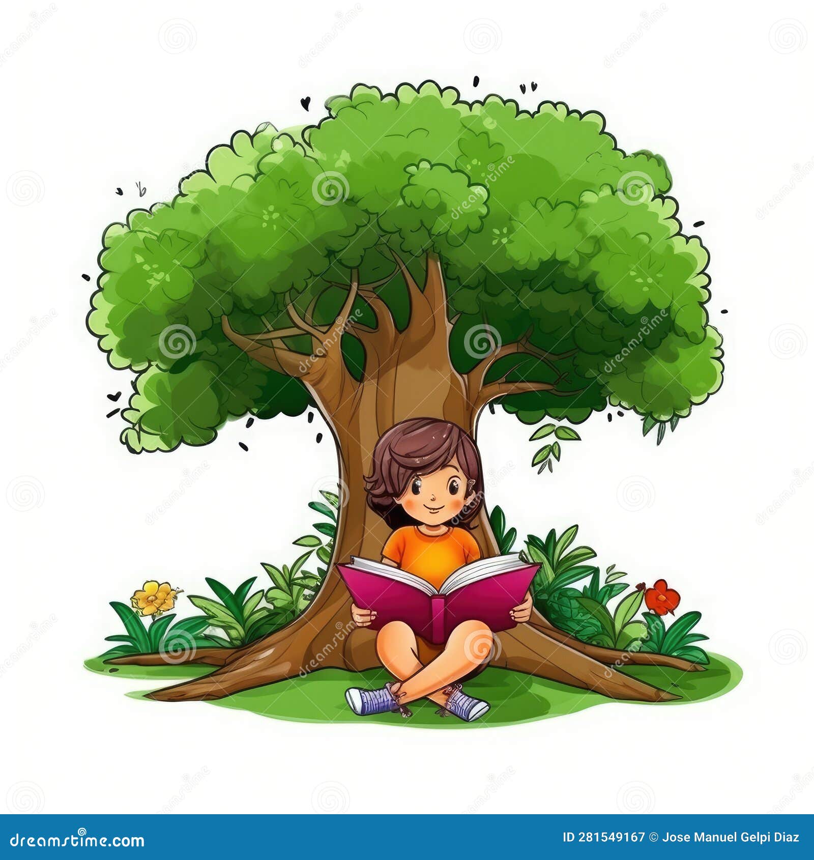 Little Girl Reading a Book Under the Tree. Generative AI Stock ...