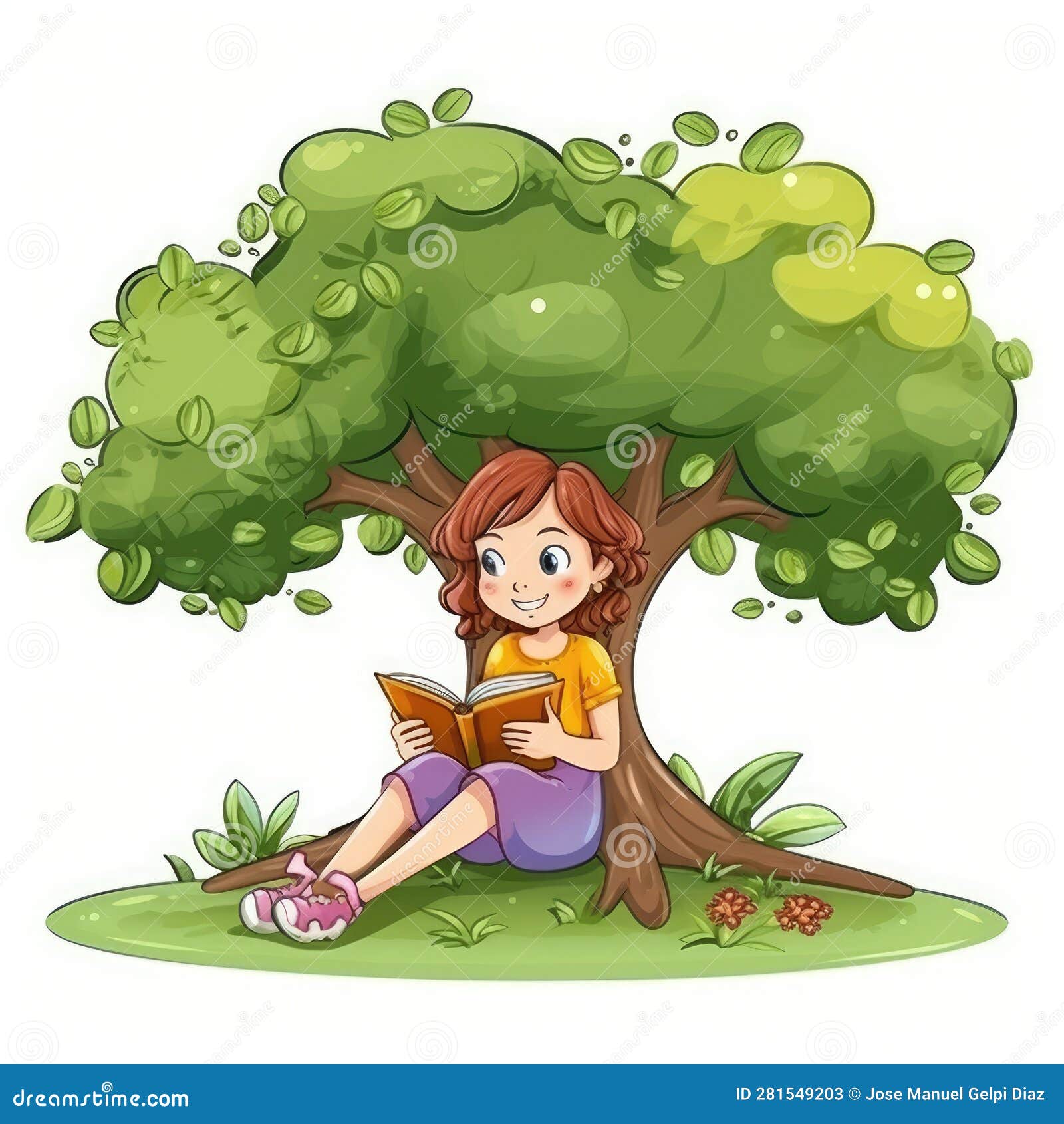 Little Girl Reading a Book Under the Tree. Generative AI Stock ...