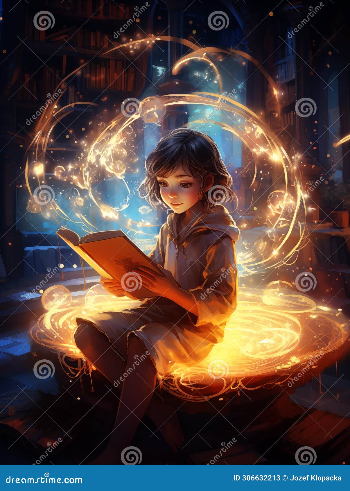 Little Girl Reading a Magic Book. Stock Illustration - Illustration of ...