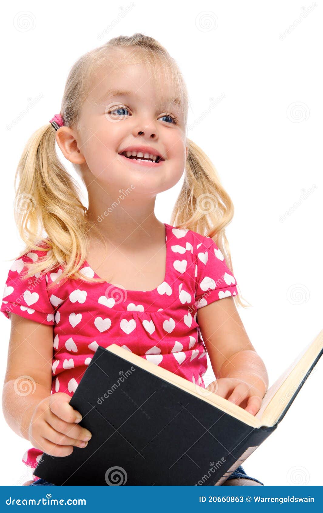 Little Girl Reads Book and Smiles Stock Image - Image of child ...