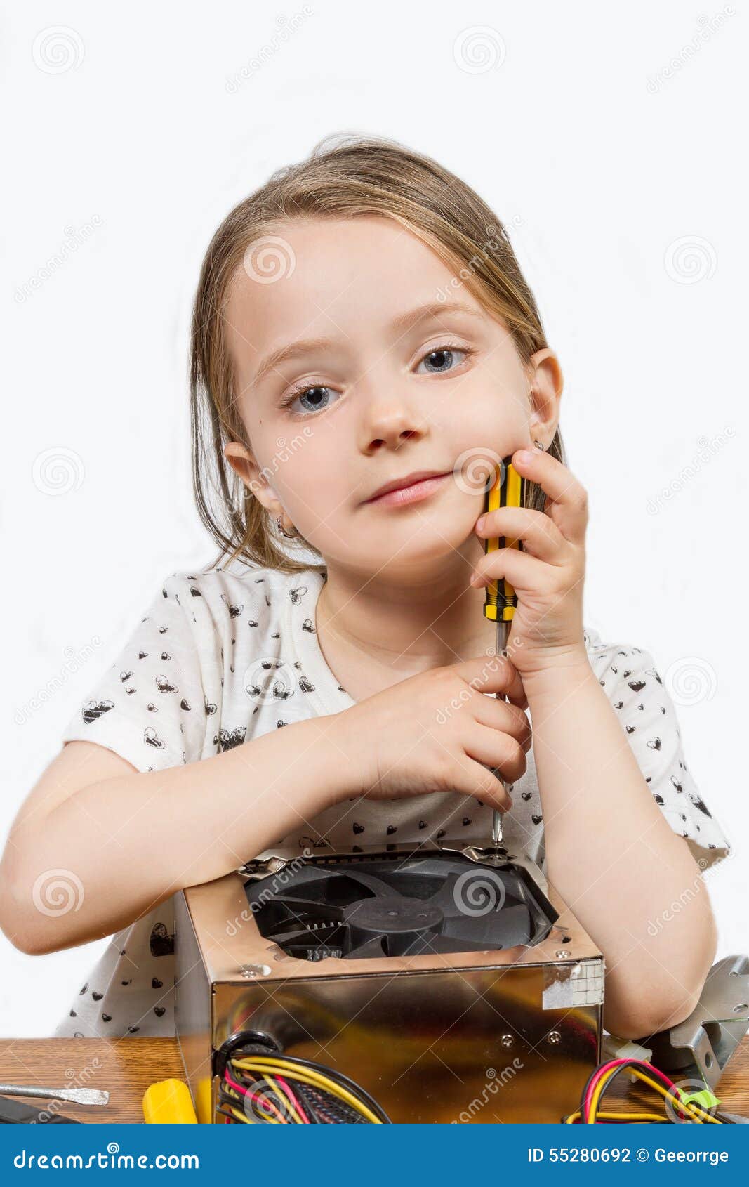 Little Girl Repair a Computer Component Stock Photo - Image of ...