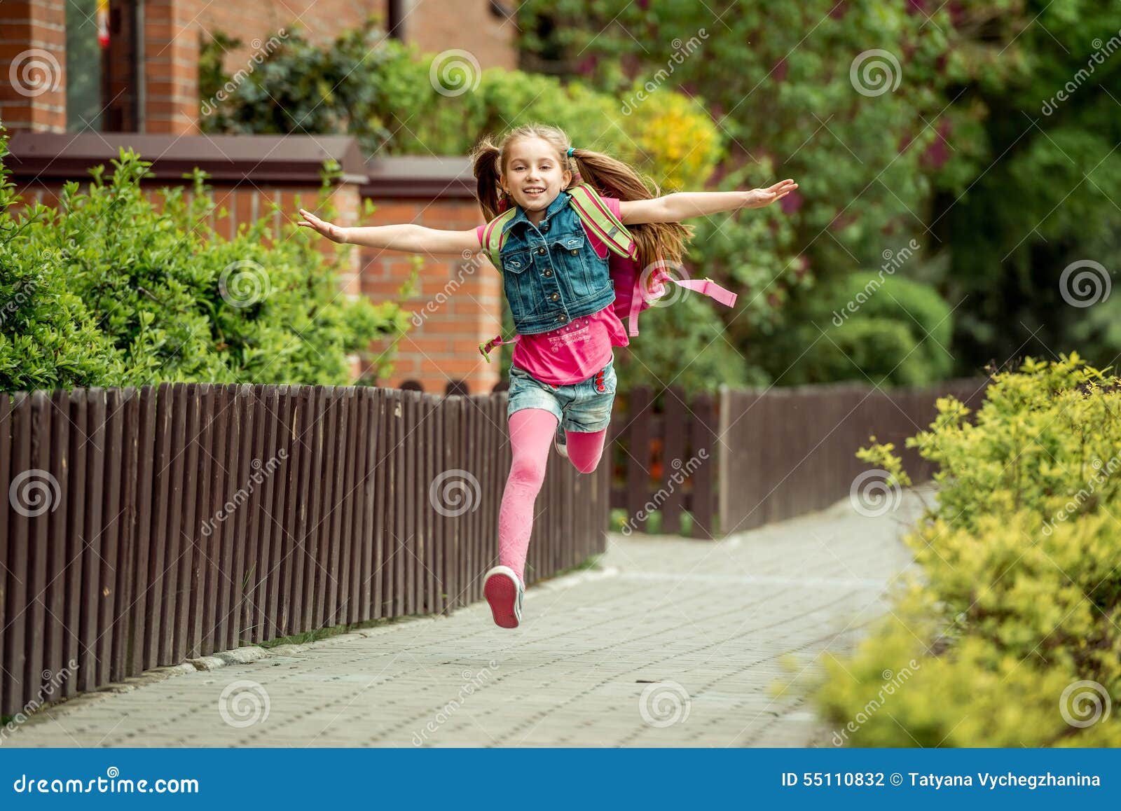 Little Girl Run from School Stock Photo - Image of childhood, backpack ...