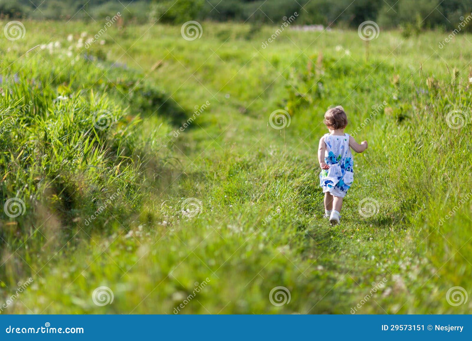 Little Girl Running Away in Meadow Stock Image - Image of natural, girl ...