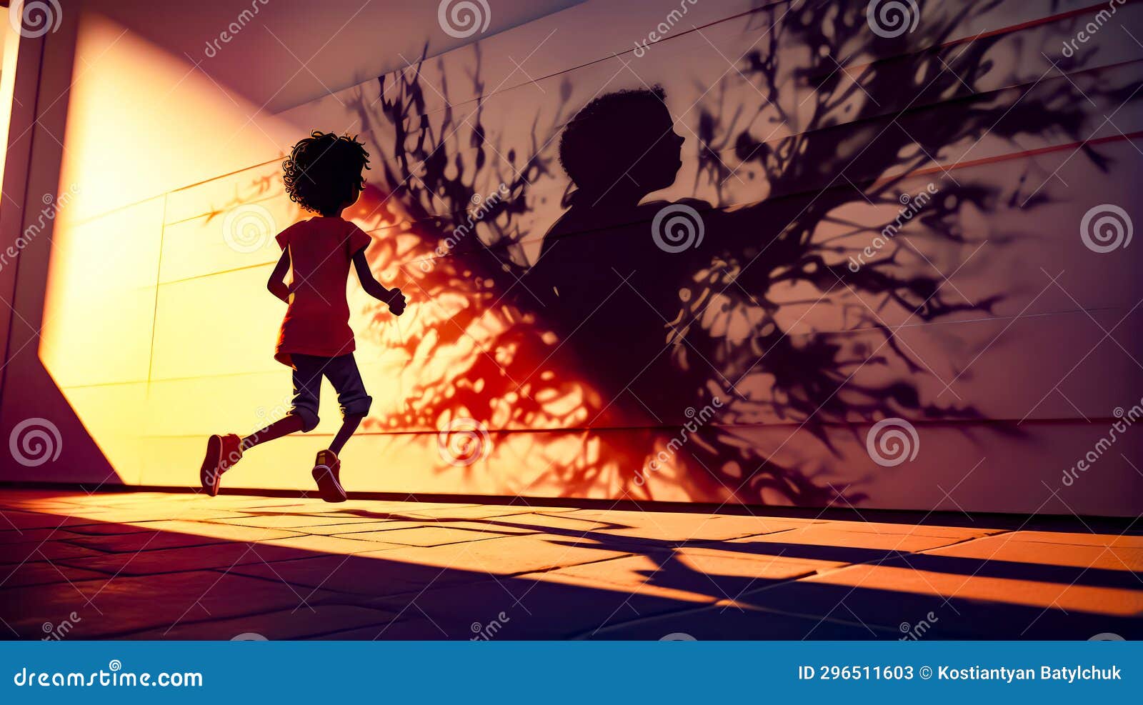 Little Girl Running in Front of Wall with Shadow of Man. Generative AI ...