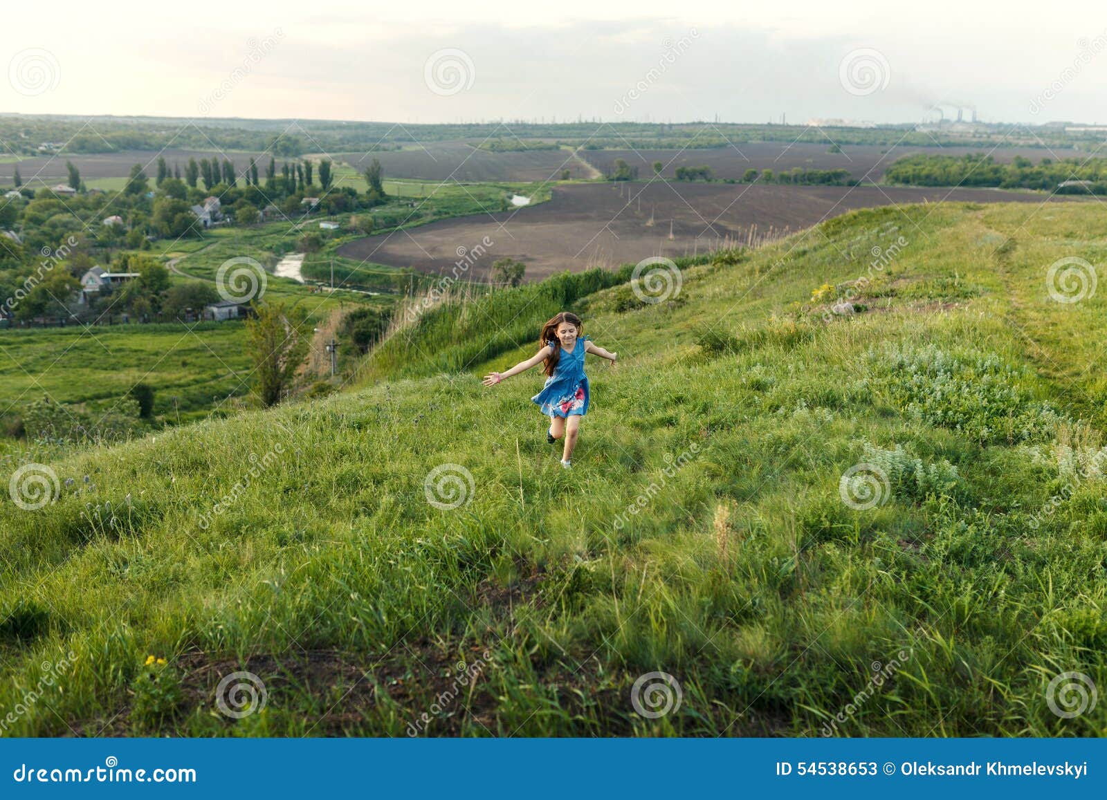 Little Girl Running on Meadow Stock Image - Image of field, green: 54538653