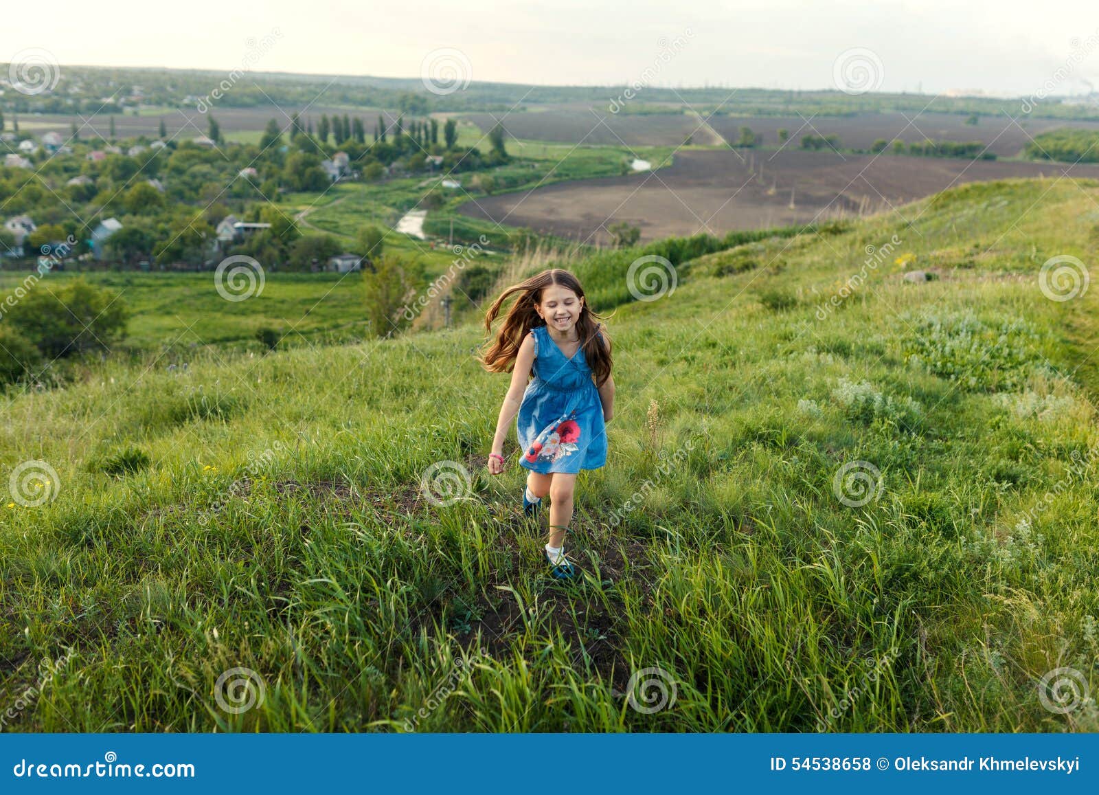Little Girl Running on Meadow Stock Photo - Image of caucasian ...