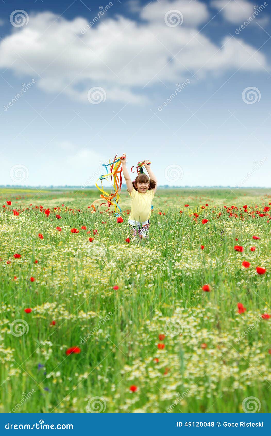 Little Girl Running in the Spring Meadow Stock Photo - Image of ...