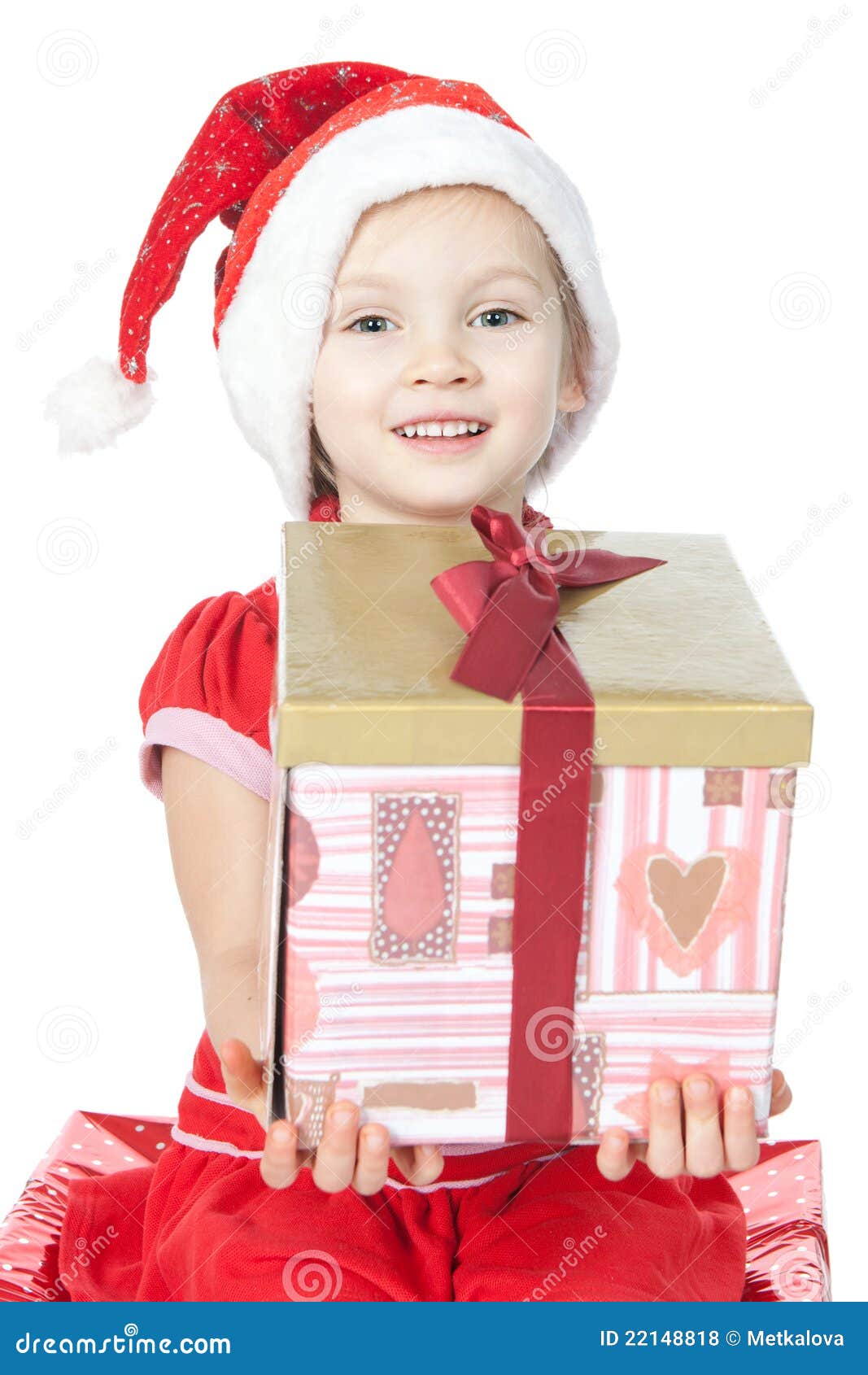 Little Girl in Santa Hat with Gift on White Stock Photo - Image of ...
