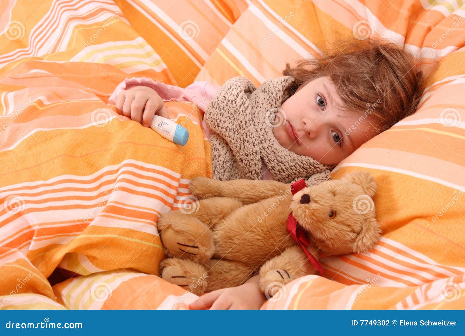 Little girl sick in bed stock photo. Image of comforter - 7749302