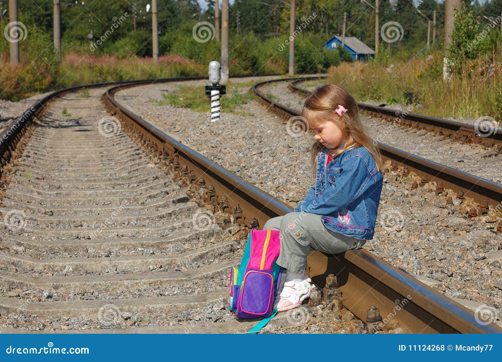 The Little Girl Sit on Railway Rails Stock Photo - Image of happy ...