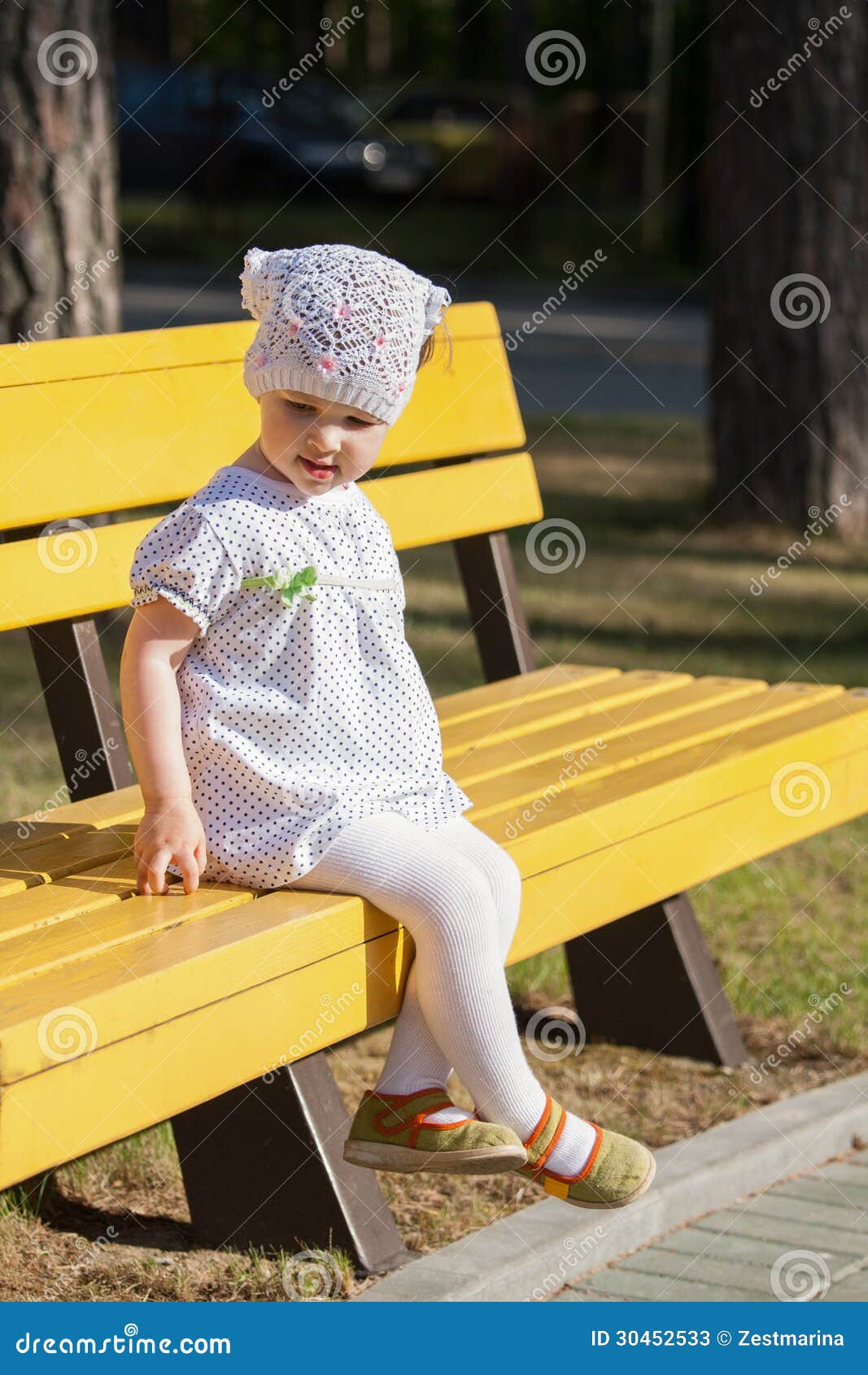 Little Girl Sitting on the Bench Stock Image - Image of cheerful ...