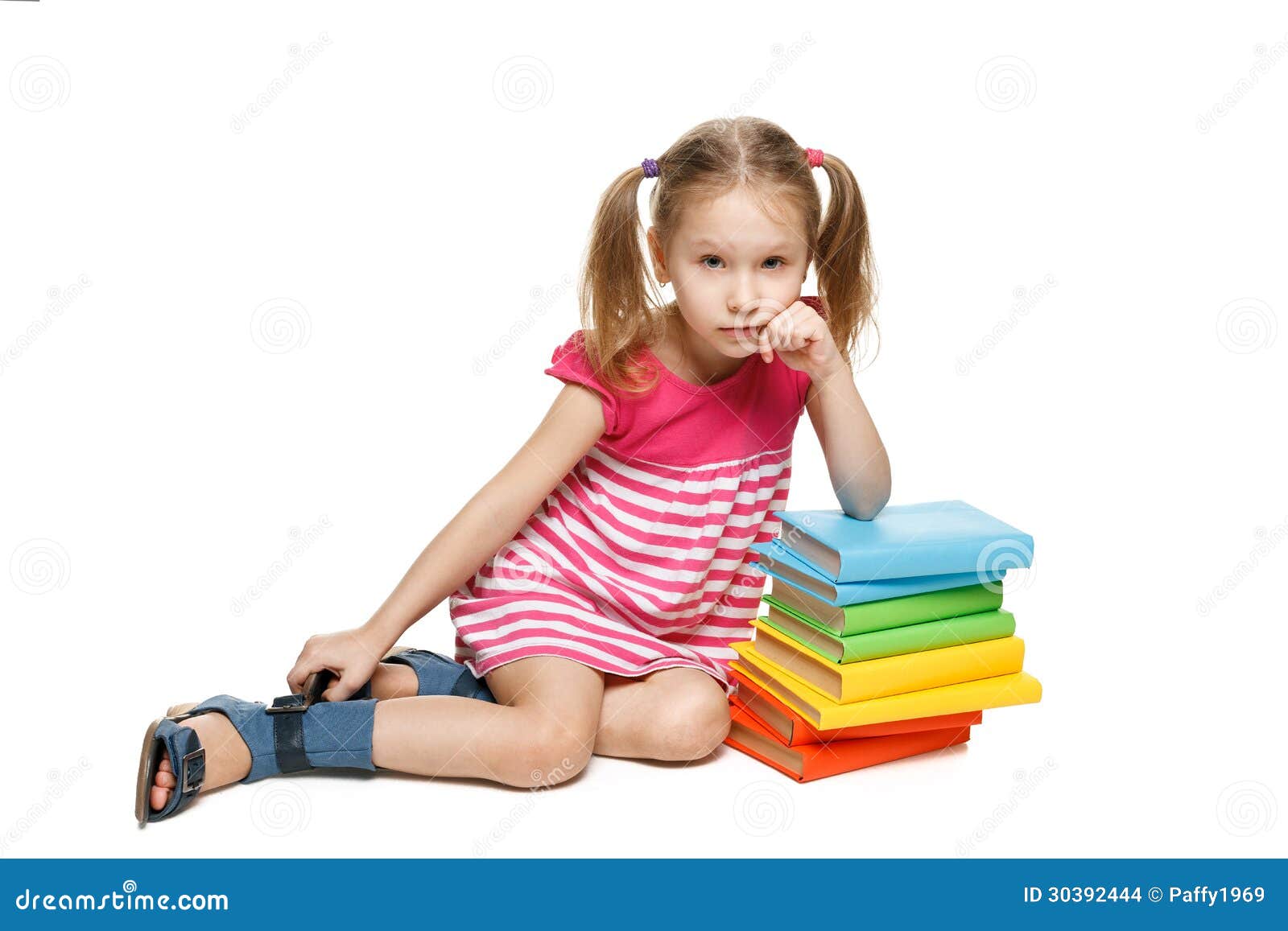 Little Girl Sitting Leaning on the Stack of Books Stock Photo - Image ...