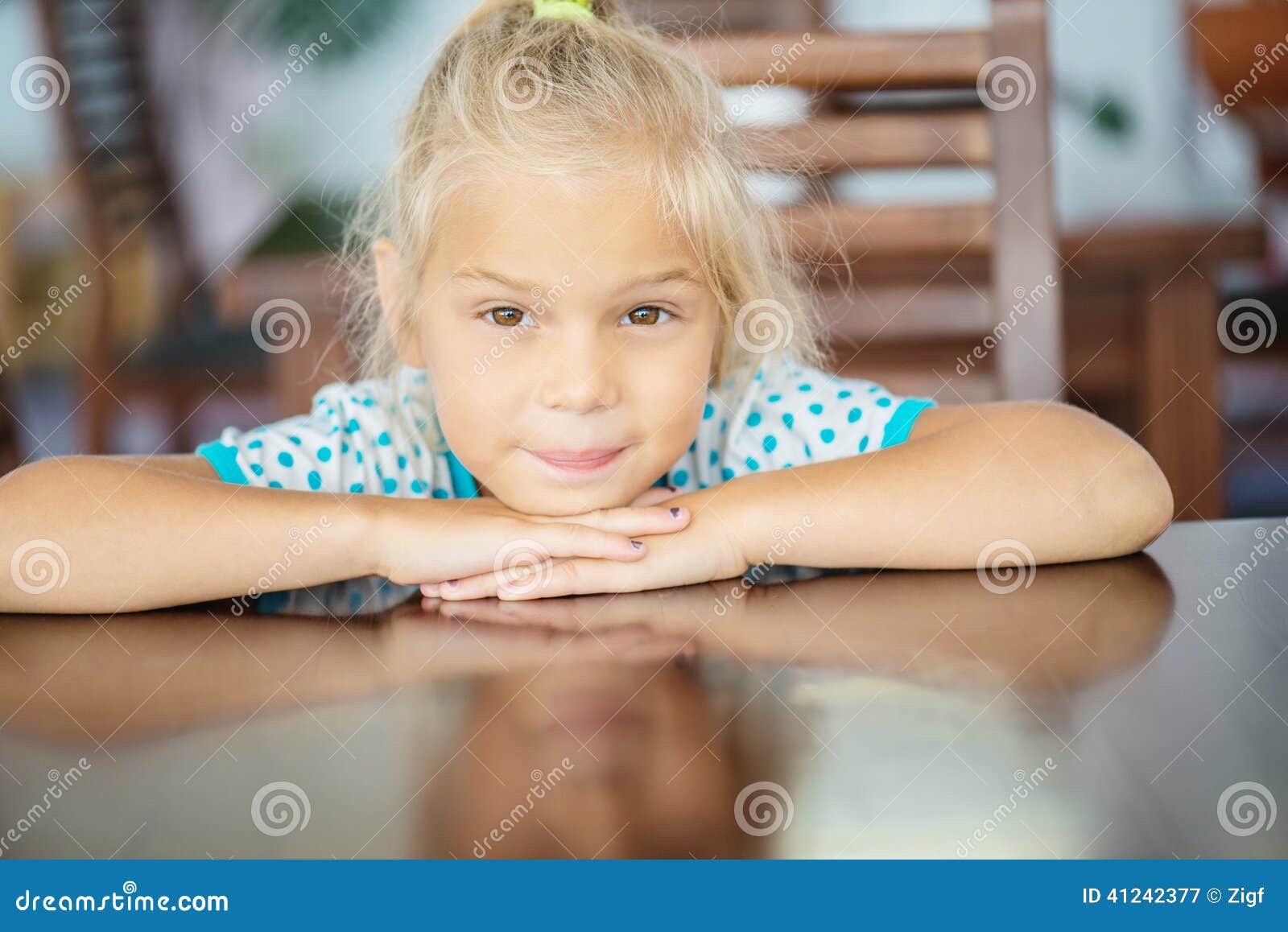 Little Girl Sitting at Table Stock Image - Image of caucasian, happy ...