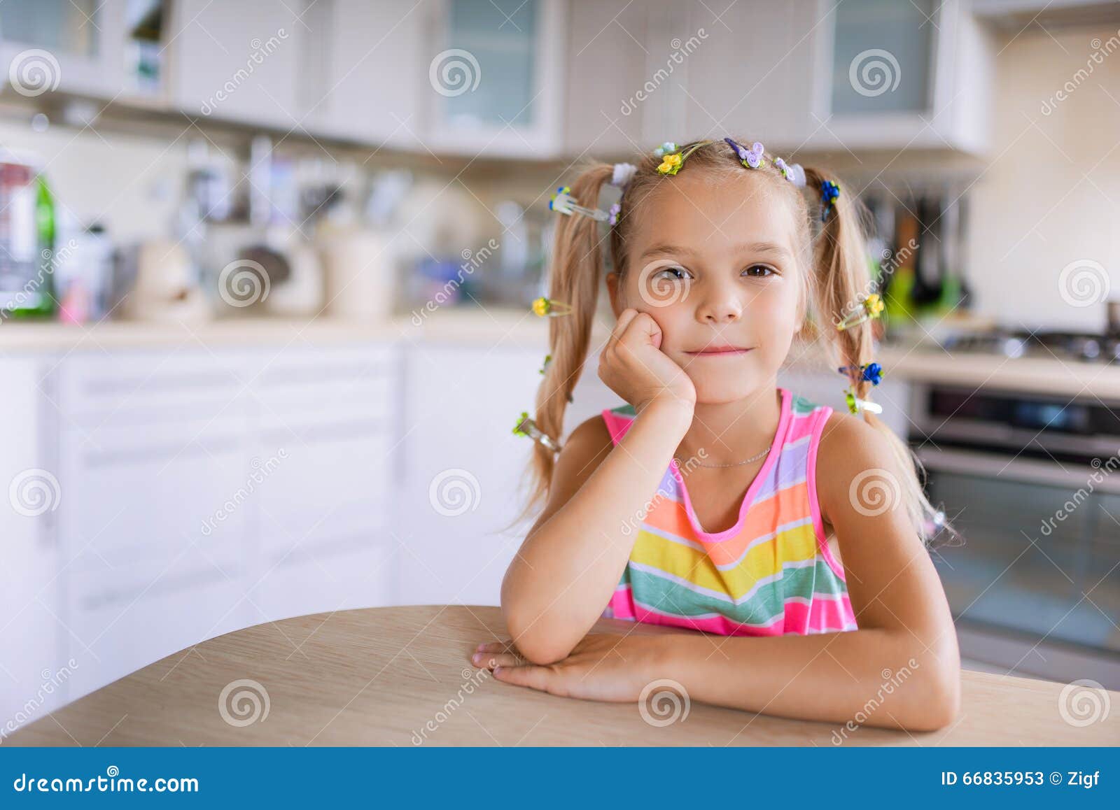 Little Girl Sitting at Table Stock Image - Image of european, child ...