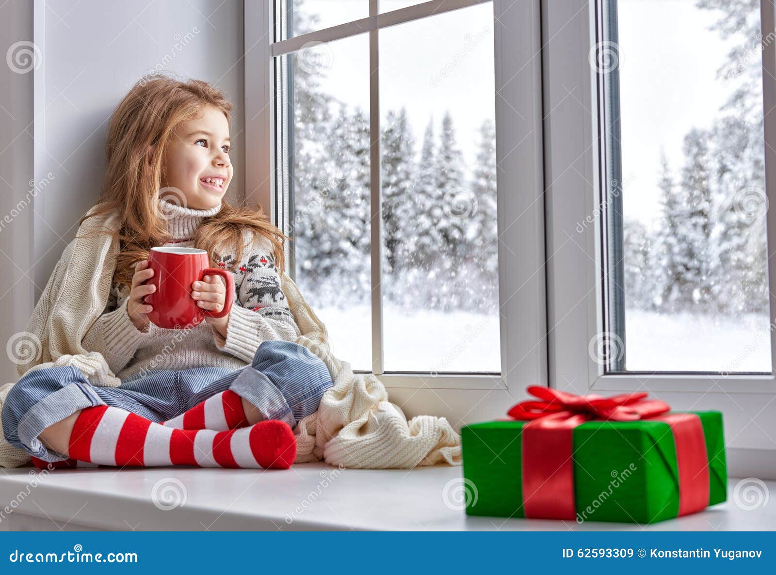 Little Girl Sitting by the Window Stock Image - Image of giftbox ...