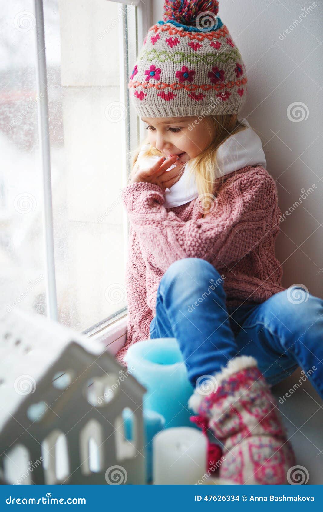 Little Girl Sitting on a Window Sill Stock Photo - Image of little ...