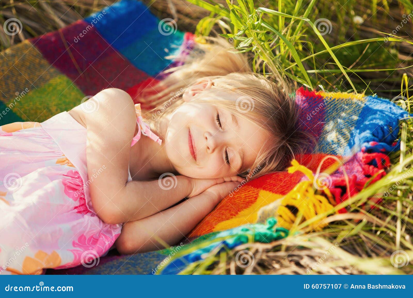 Little Girl Sleeping on Nature Stock Image - Image of lifestyle, smile ...