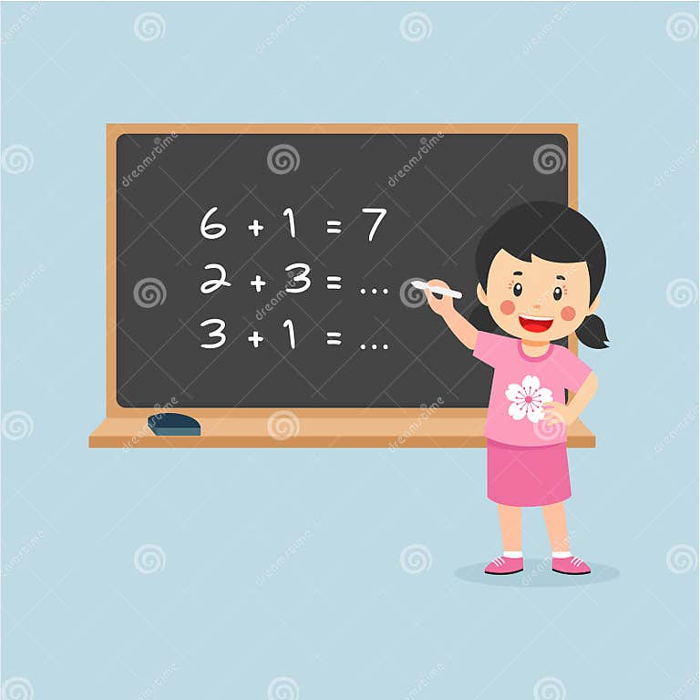 Little Girl Solving Math Problem Blackboard Stock Vector - Illustration ...