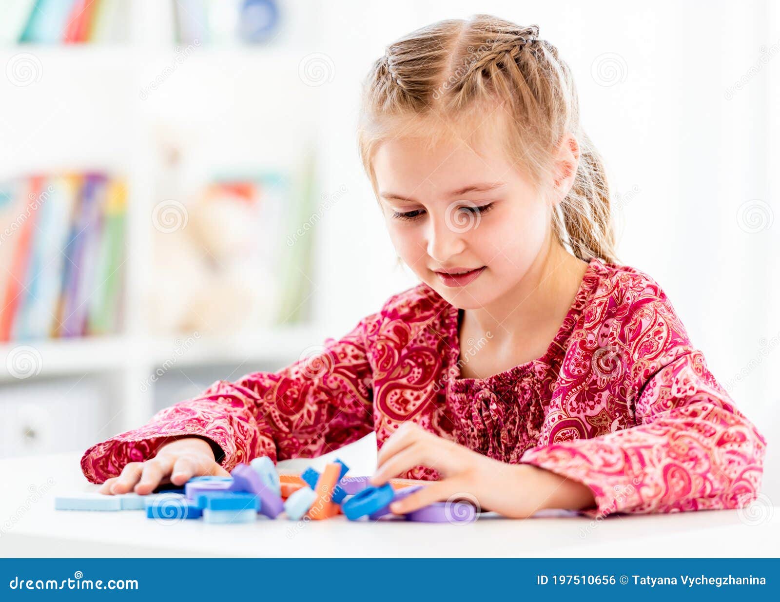 Little Girl Solving Task at School Stock Photo - Image of desk, bright ...