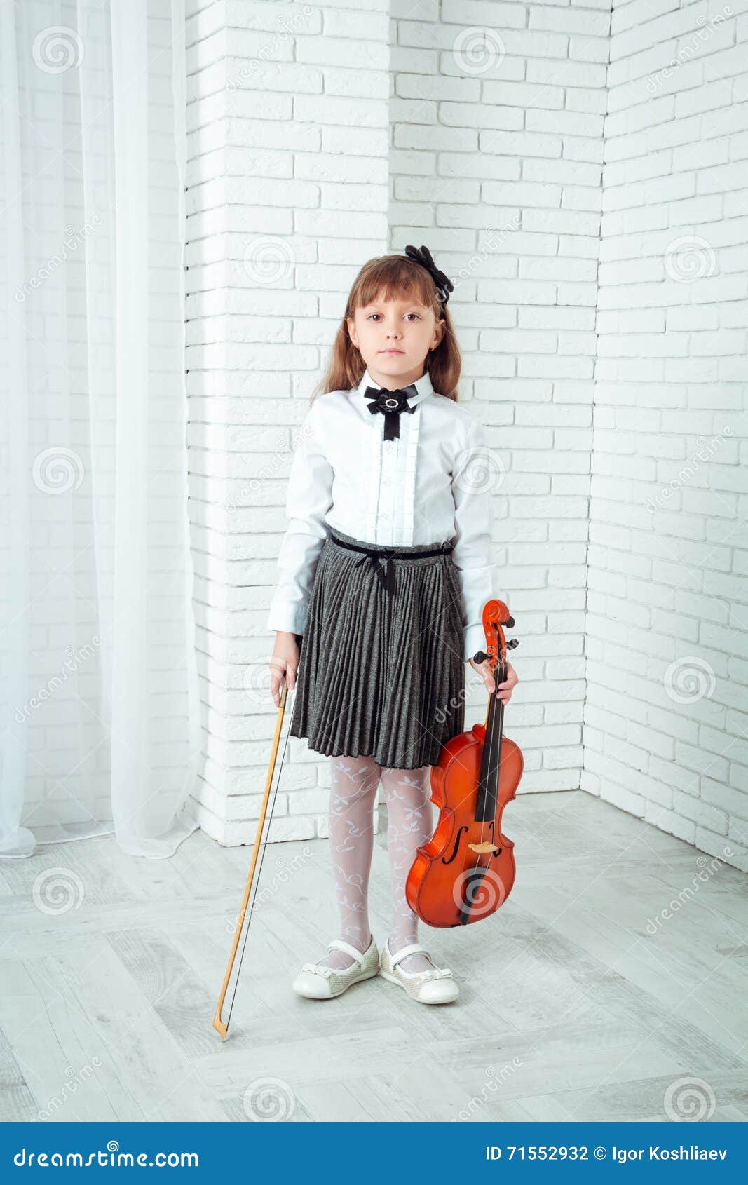 Little Girl Standing and Holding Fiddle Stock Photo - Image of ...