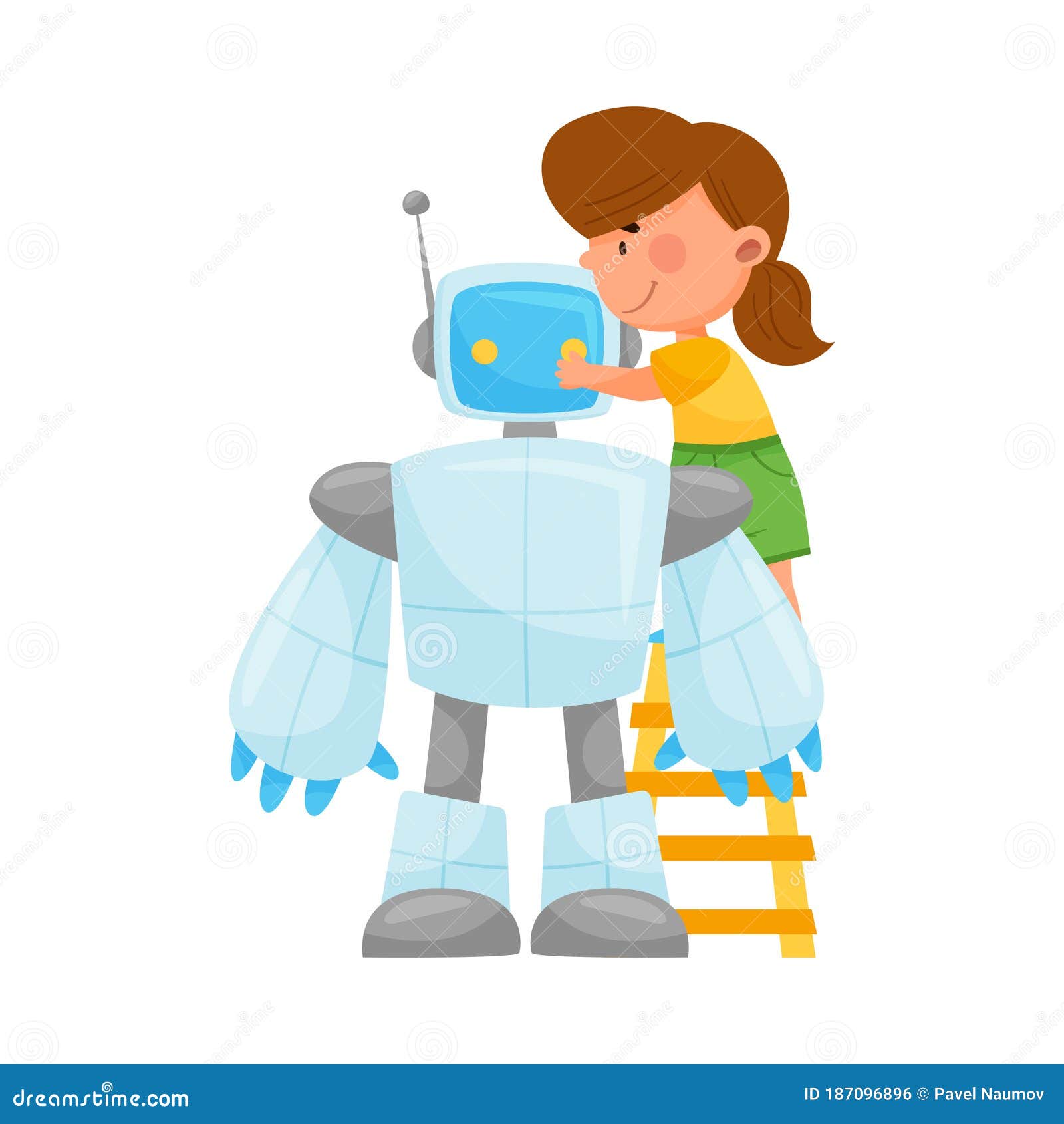 Little Girl Standing on the Ladder and Fixing Robot Vector Illustration ...