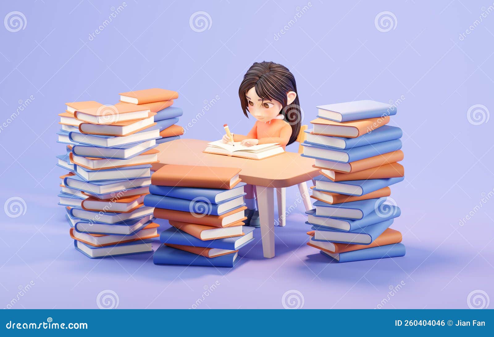 Little Girl Study Hard, Learning at Desk, 3d Rendering Stock ...