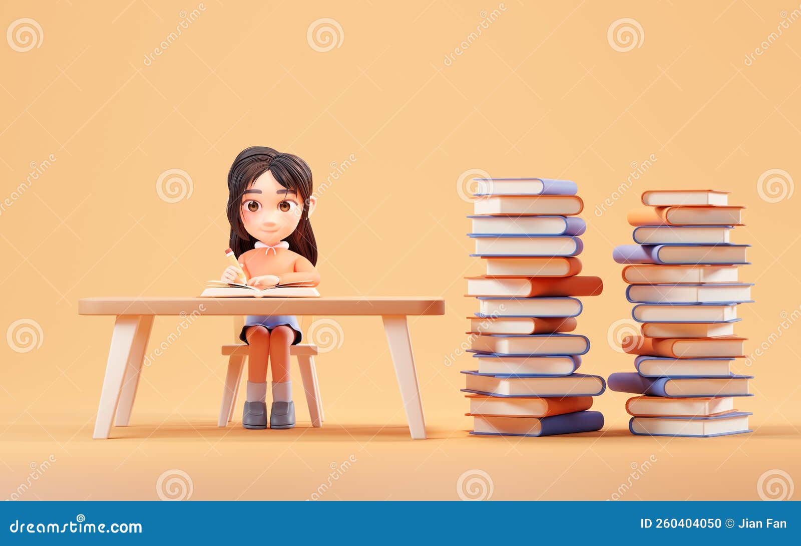 Little Girl Study Hard, Learning at Desk, 3d Rendering Stock ...
