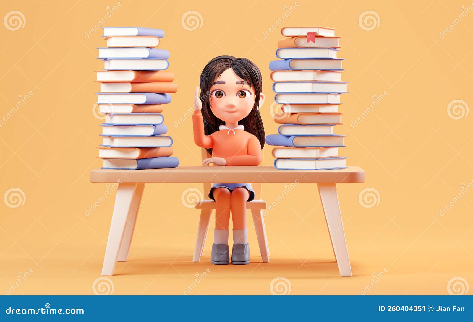 Little Girl Study Hard, Learning at Desk, 3d Rendering Stock ...