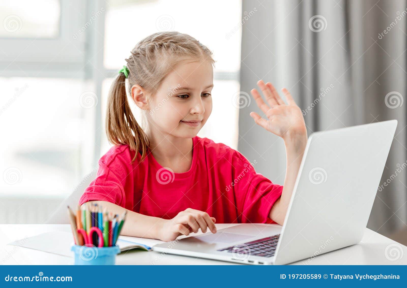 Little Girl Talking Online Using Laptop Stock Image - Image of academic ...
