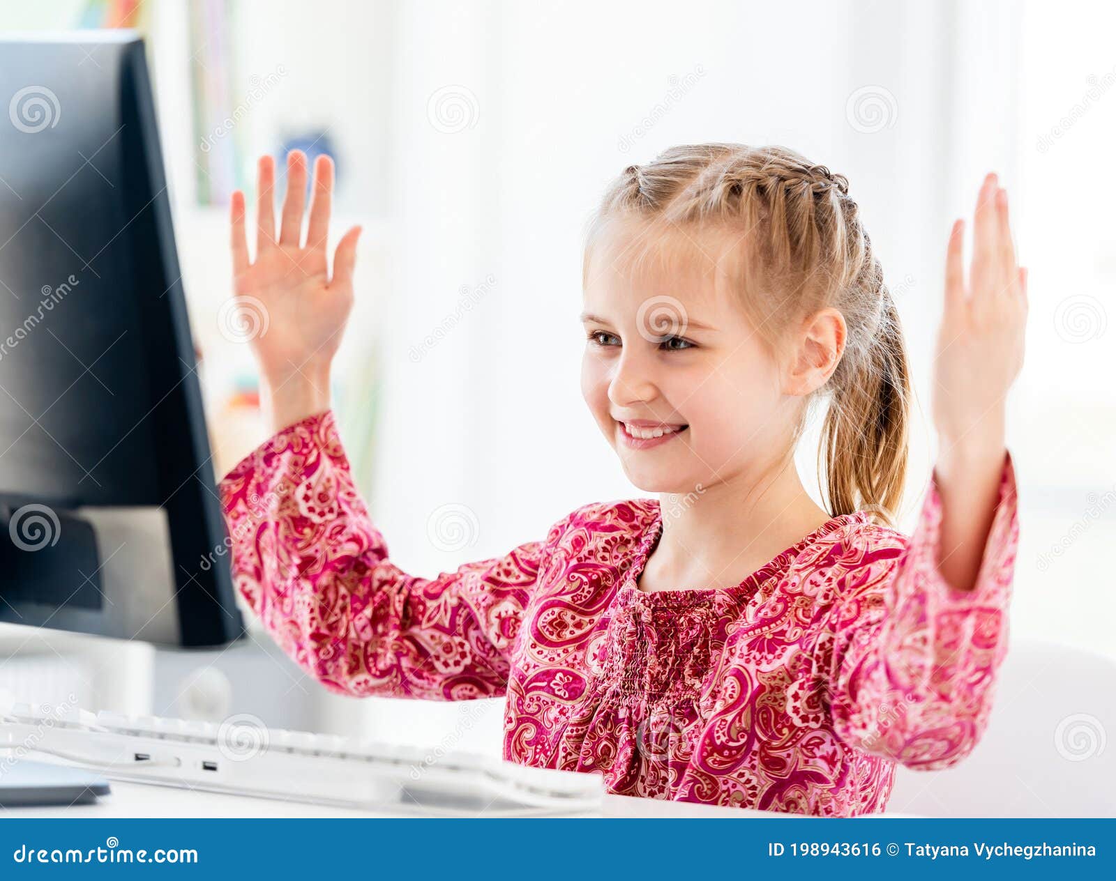 Little Girl Talking Via Computer Stock Photo - Image of desk, education ...