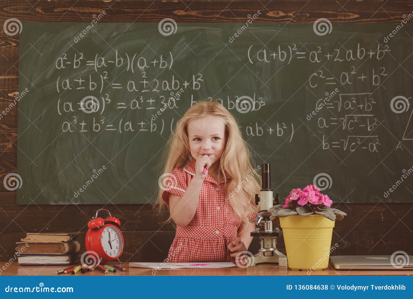 Little Girl Think of Mathematical Problem in Classroom. Schoolchild ...