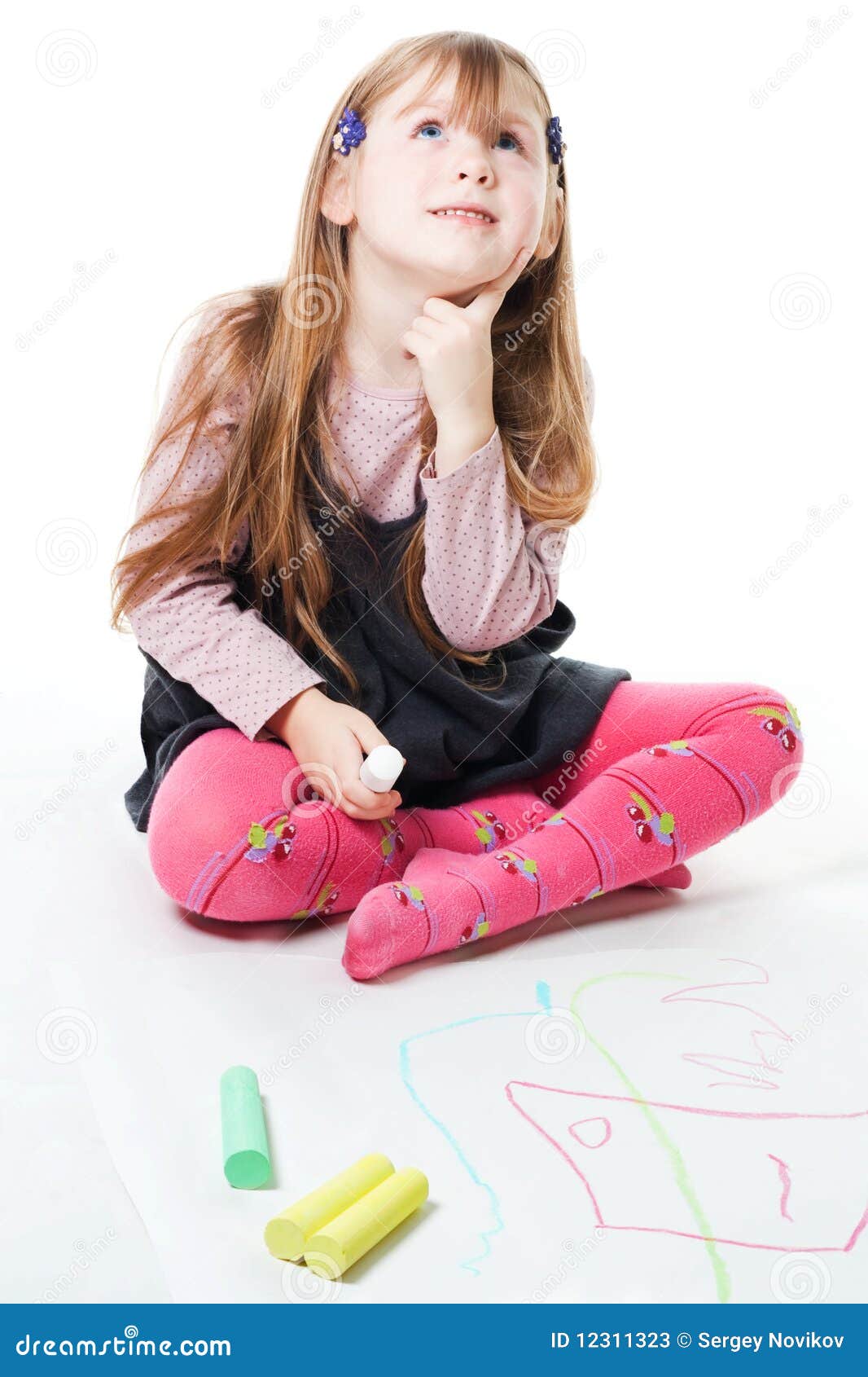 LIttle Girl Thinking and Drawing Stock Image - Image of friendly ...