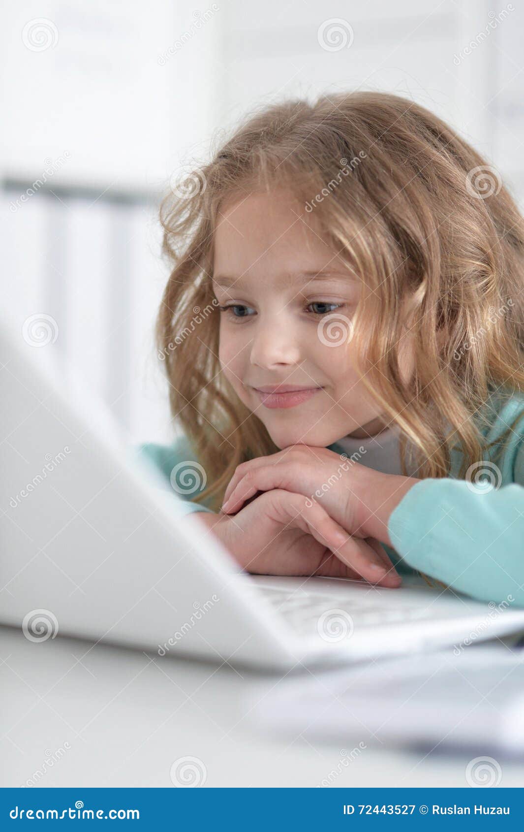Little girl using computer stock image. Image of indoors - 72443527