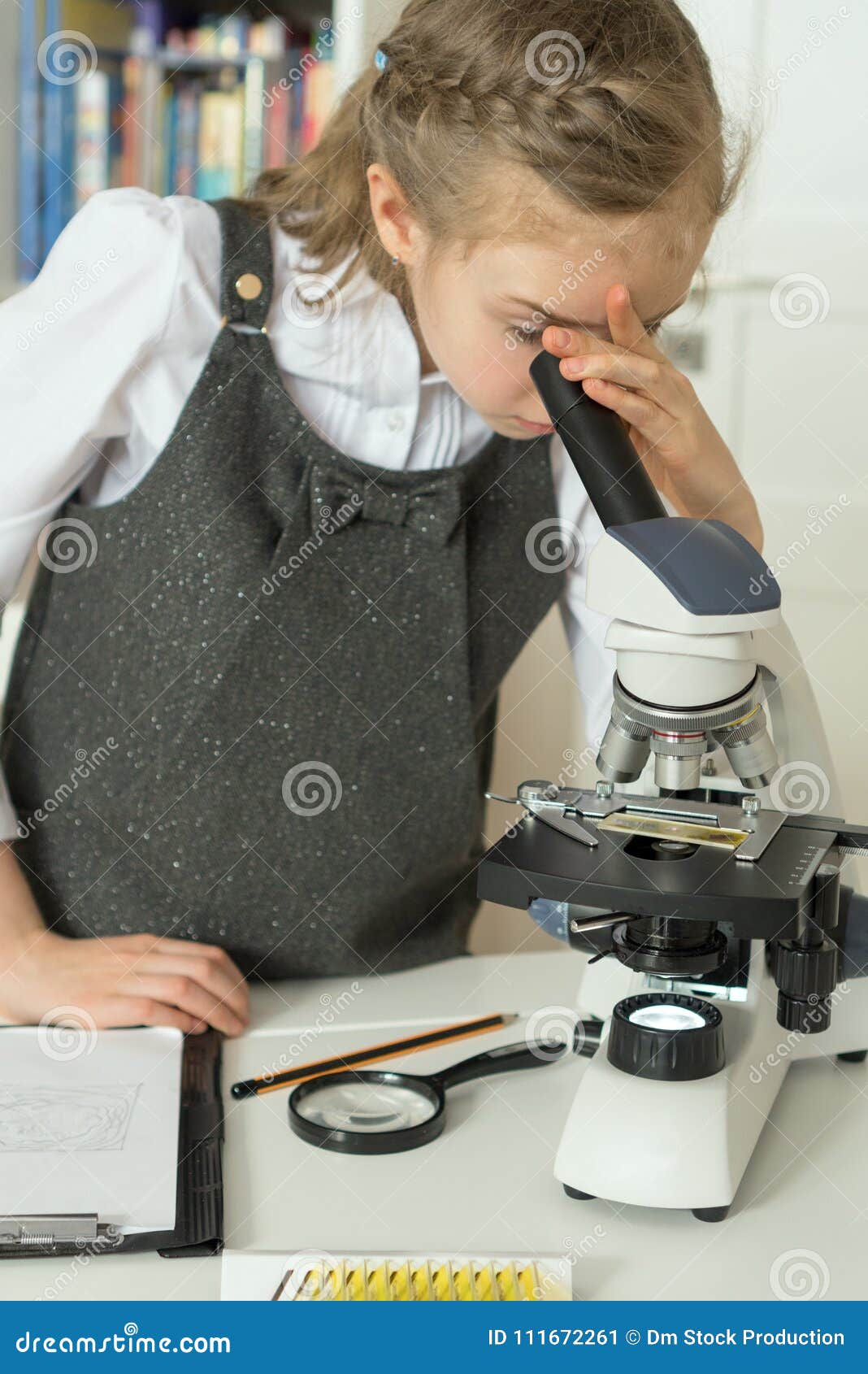 Little Girl Using Microscope. Stock Image - Image of desk, equipment ...