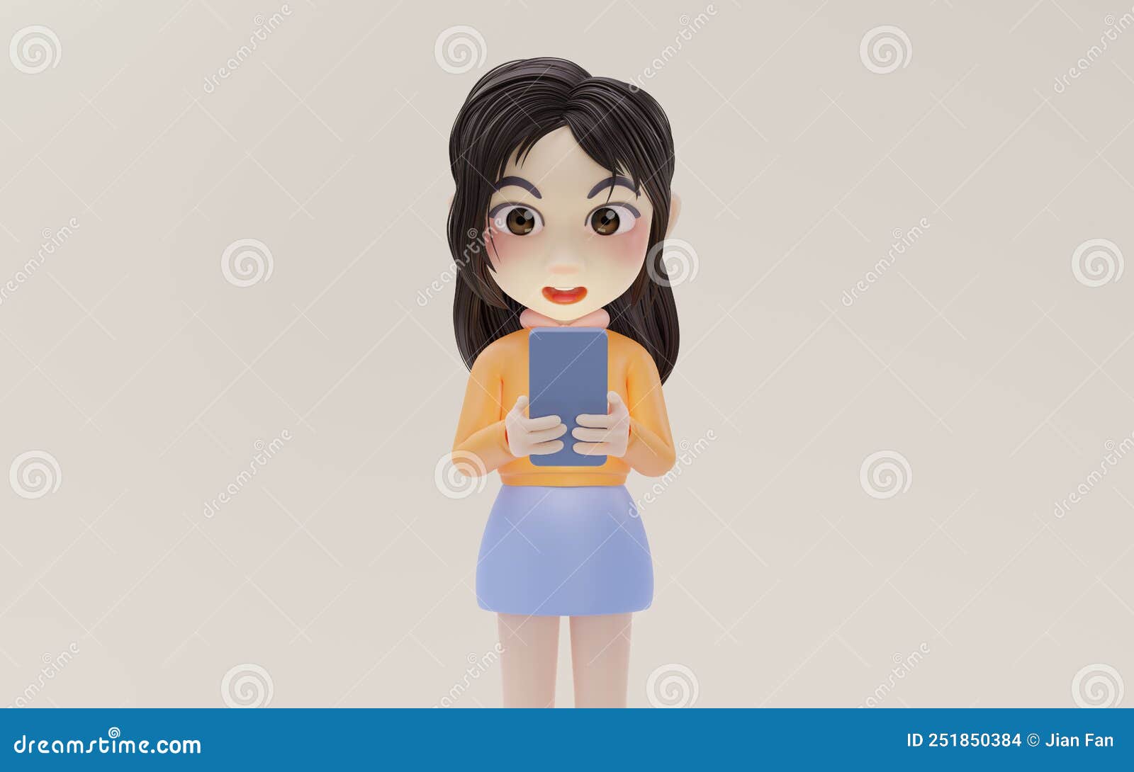 Little Girl Using Mobile Phone with Cartoon Style, 3d Rendering Stock ...