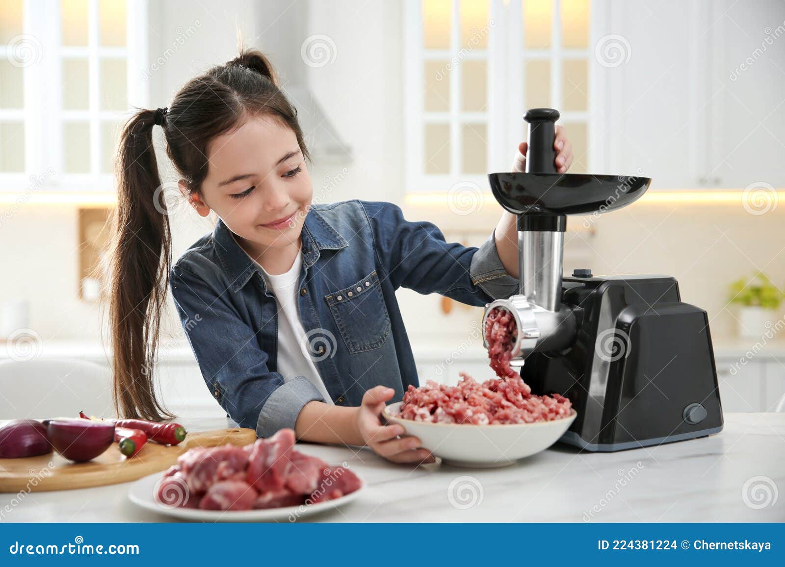 Little Girl Using Modern Meat Grinder Stock Photo - Image of girl ...