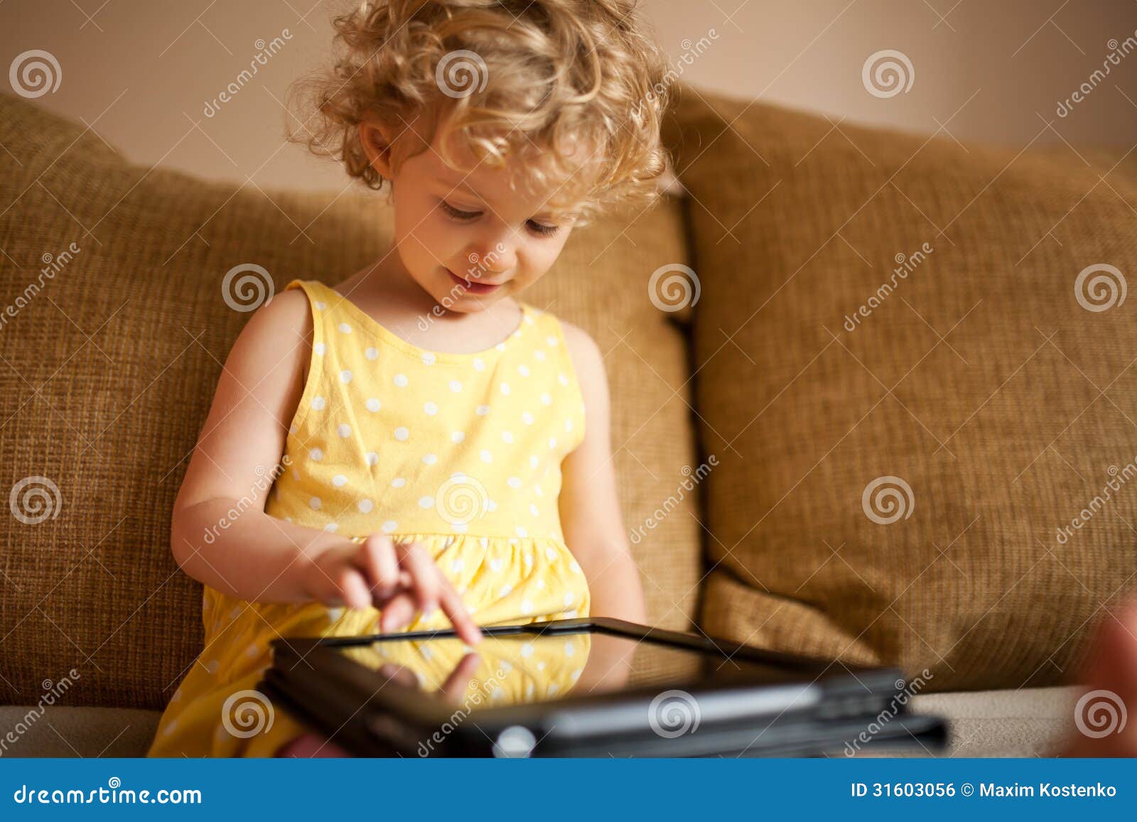 Little Girl Using Tablet Computer Stock Photo - Image of girl, home ...