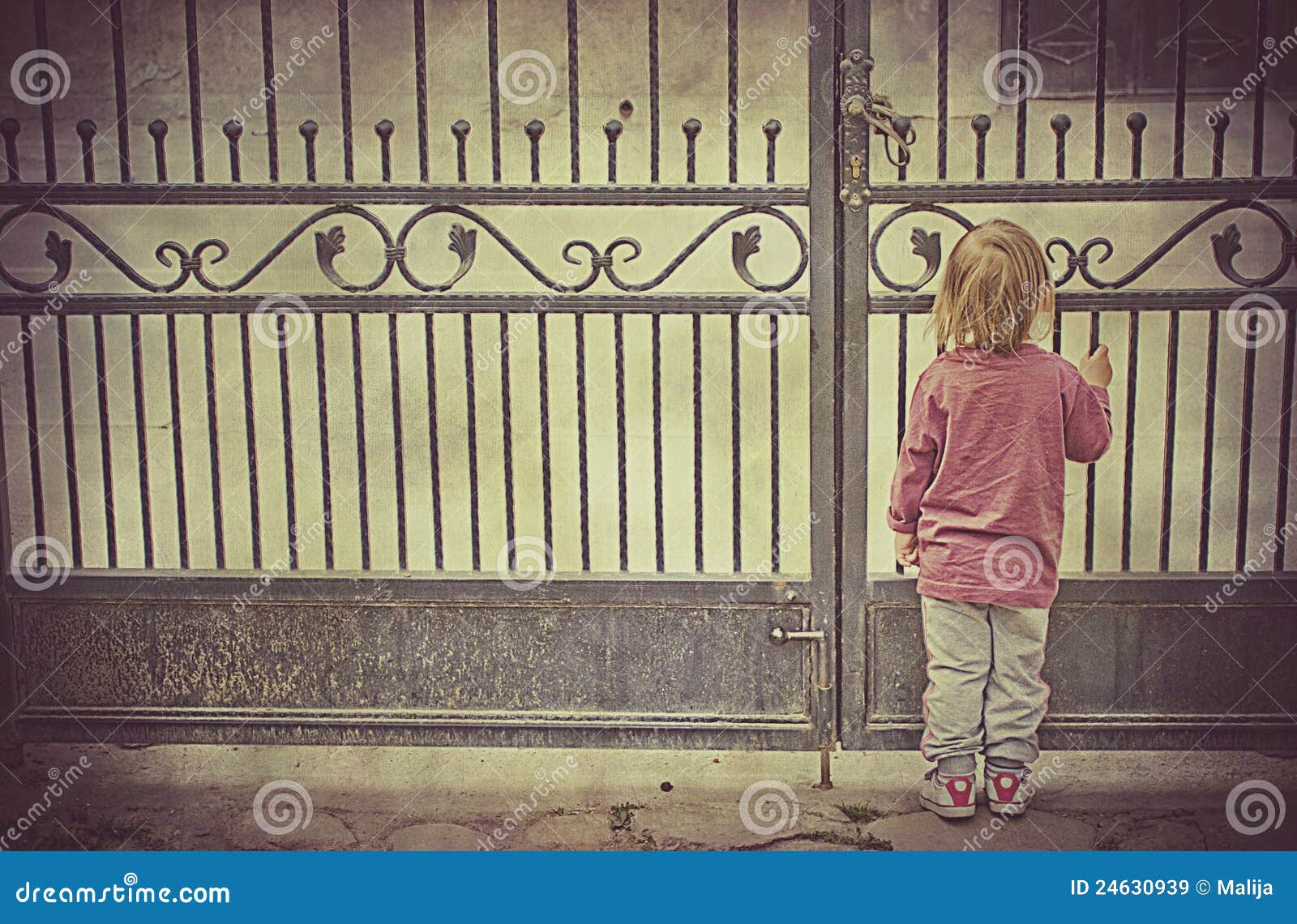 Little Girl Waiting Alone at the Gate Stock Image - Image of security ...