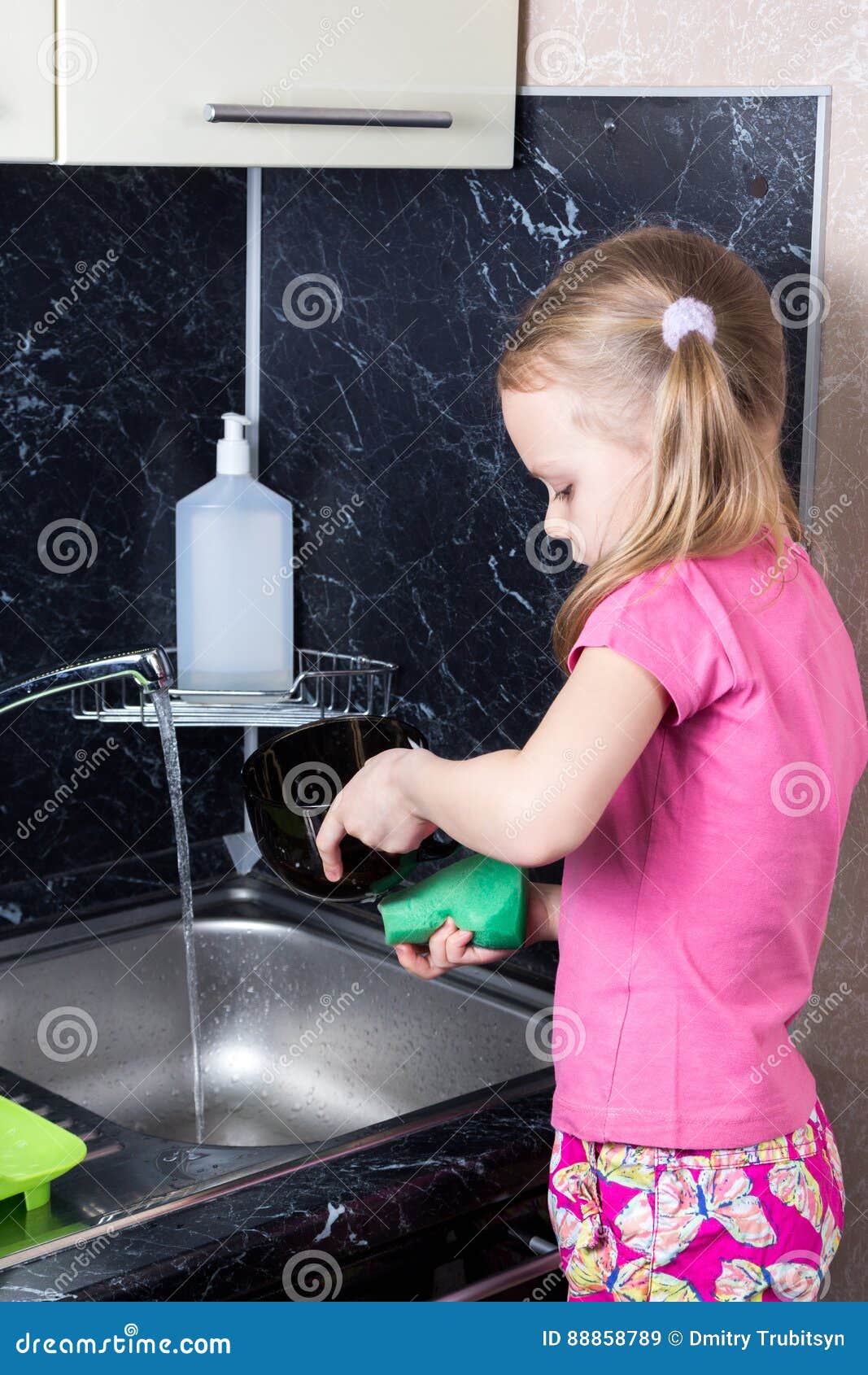 Little Girl Washes Dishes with Sponge Stock Image - Image of helper ...