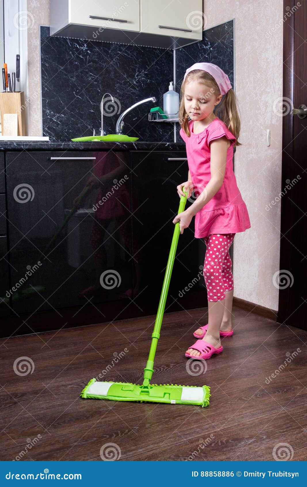 Little Girl Washes Floor with a Mop Stock Photo - Image of holding ...