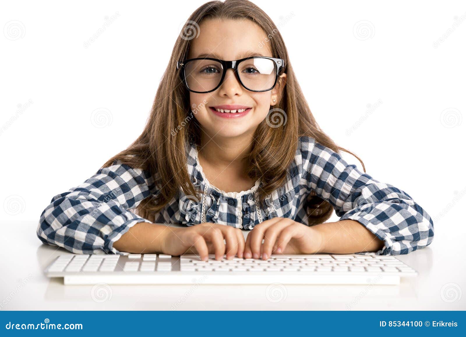 Little Girl Working with a Computer Stock Photo - Image of cheerful ...