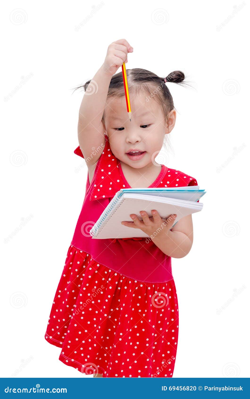Little Girl Writing on Notebook Over White Stock Photo - Image of learn ...
